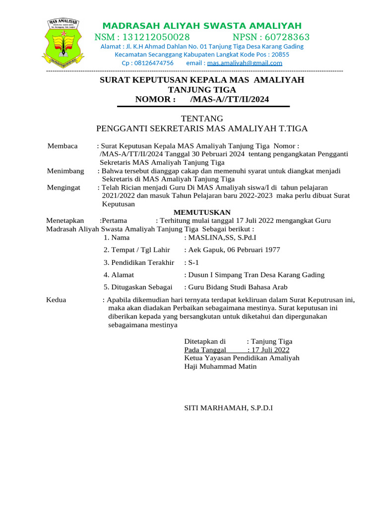 Surat Keputusan Kepala Mas Amaliyah NPHD Mas A 2024 | PDF