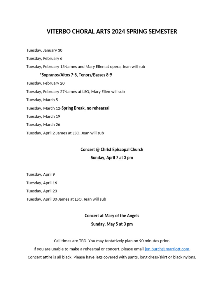 Viterbo Choral Arts Spring 2024 Schedule | PDF