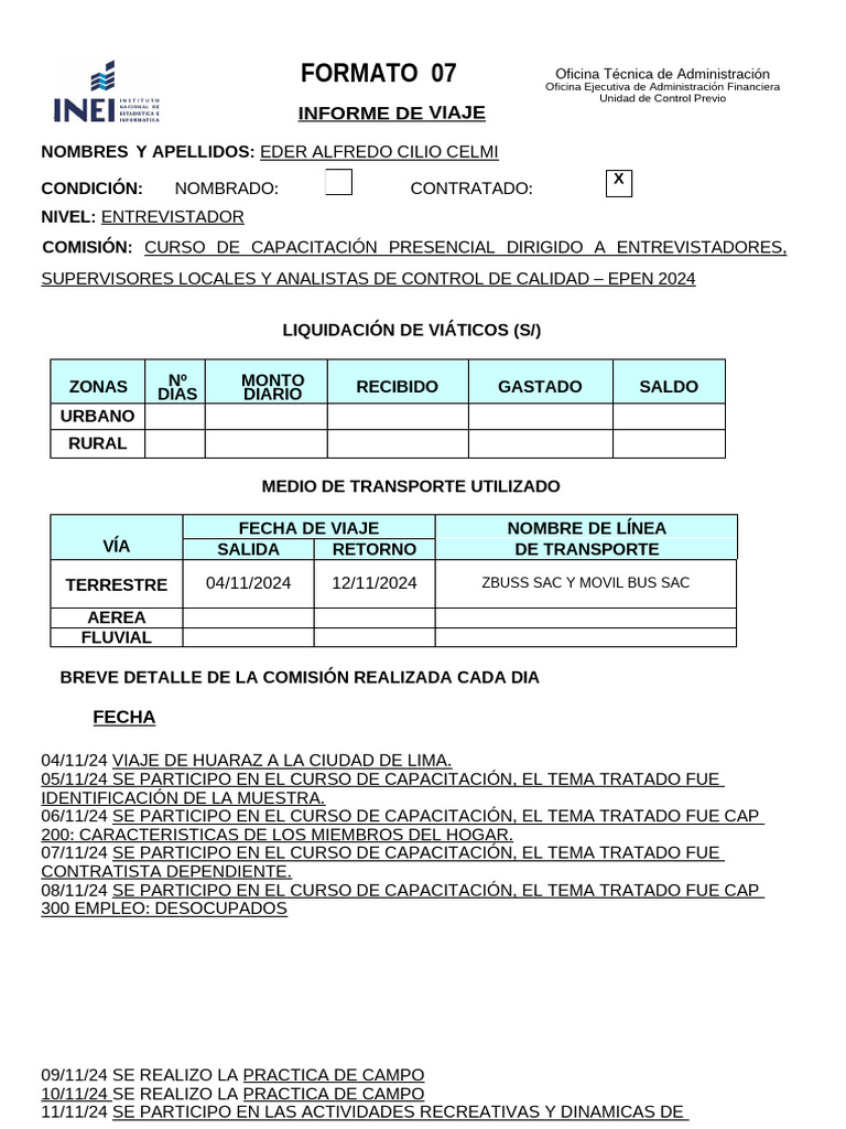 Formato 07 INFORME VIAJE VIATICOS 2024 PAO | PDF
