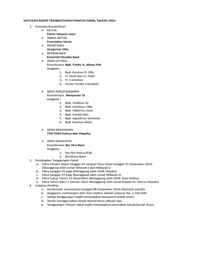 Notulen Rapat Pembentukan Panitia Natal Tahun 2024 | PDF