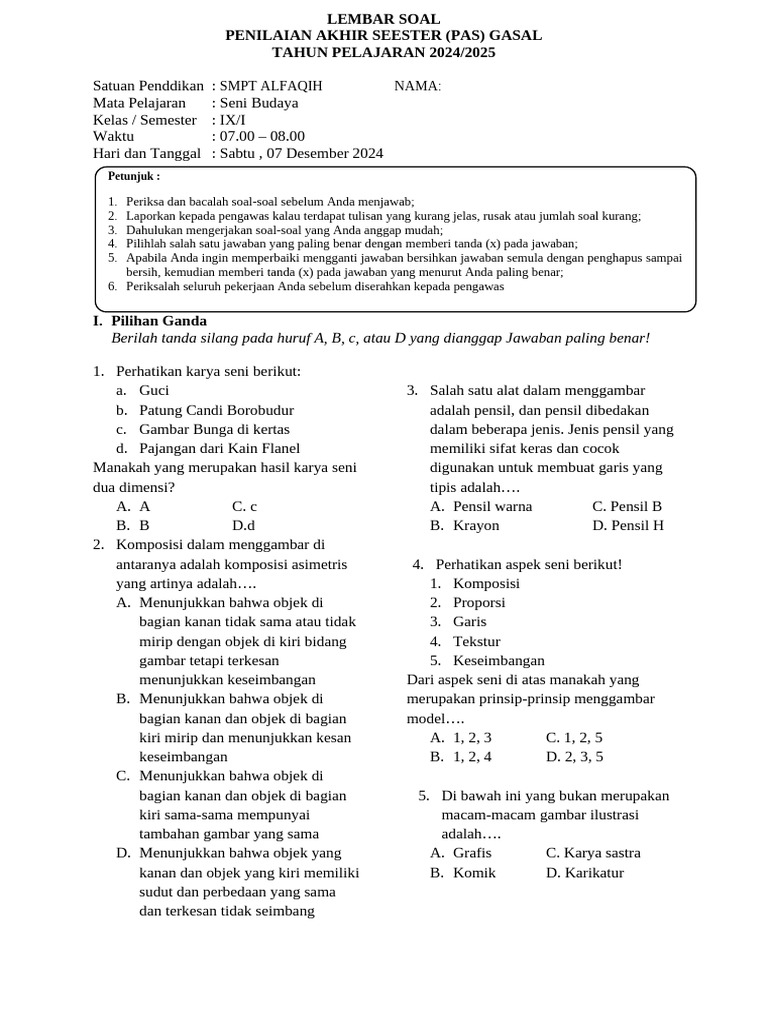 Soal sbk kls 9 vix | PDF
