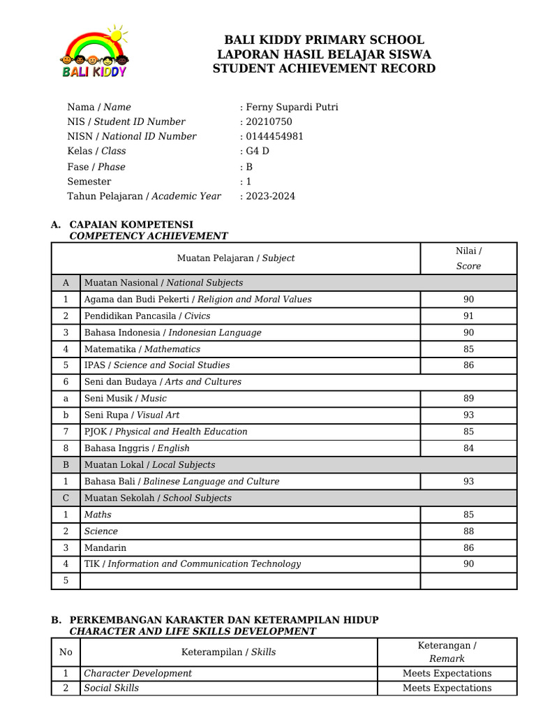 Bali Kiddy Primary School Student Report | PDF | Indonesia