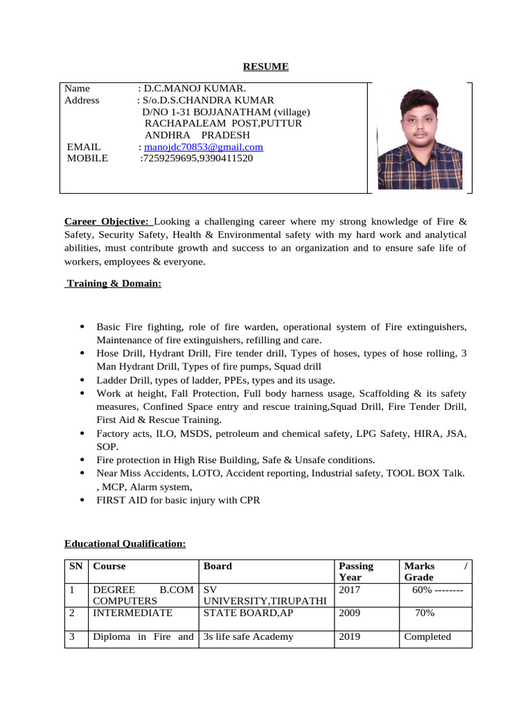 DC Manoj Kumar Resume | PDF | Firefighting | Safety