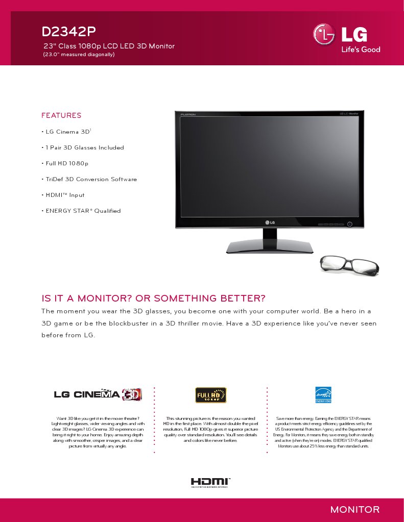LG Monitor D2342P Spec Sheet | PDF | Computer Monitor | Stereoscopy