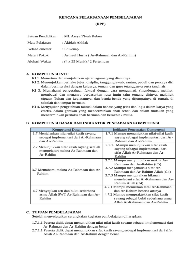 RPP 1a IKA Asmaul Husna (Ar-Rahman Dan Ar-Rahiim) | PDF