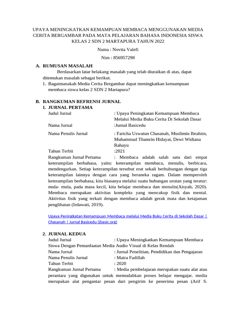 A. Rumusan Masalah: Upaya Peningkatan Kemampuan Membaca Melalui Media Buku Cerita Di Sekolah ...