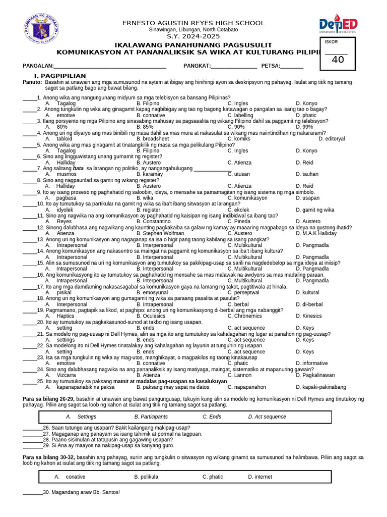 Q2 Exam Komunikasyon | PDF