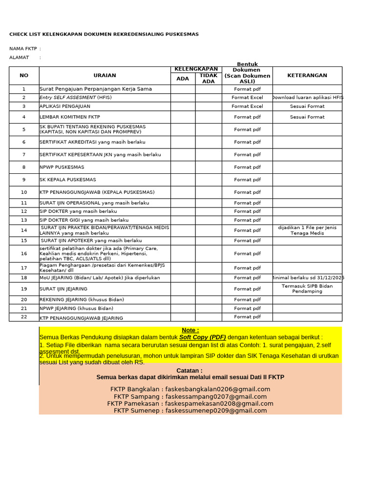 Checklist Dokumen Rekredensialing Puskesmas | PDF