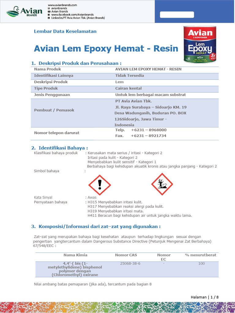 MSDS Avian Lem Epoxy HEMAT - Resin - Hardener - 2 | PDF