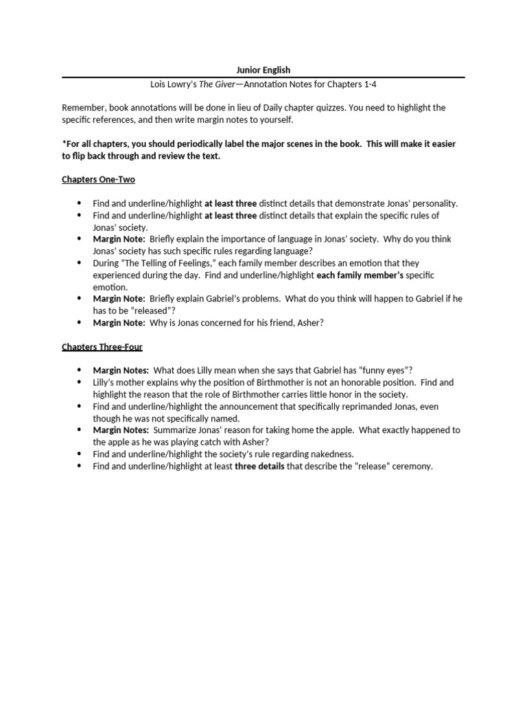 The Giver Chapter 1-4 Annotation Guide | PDF