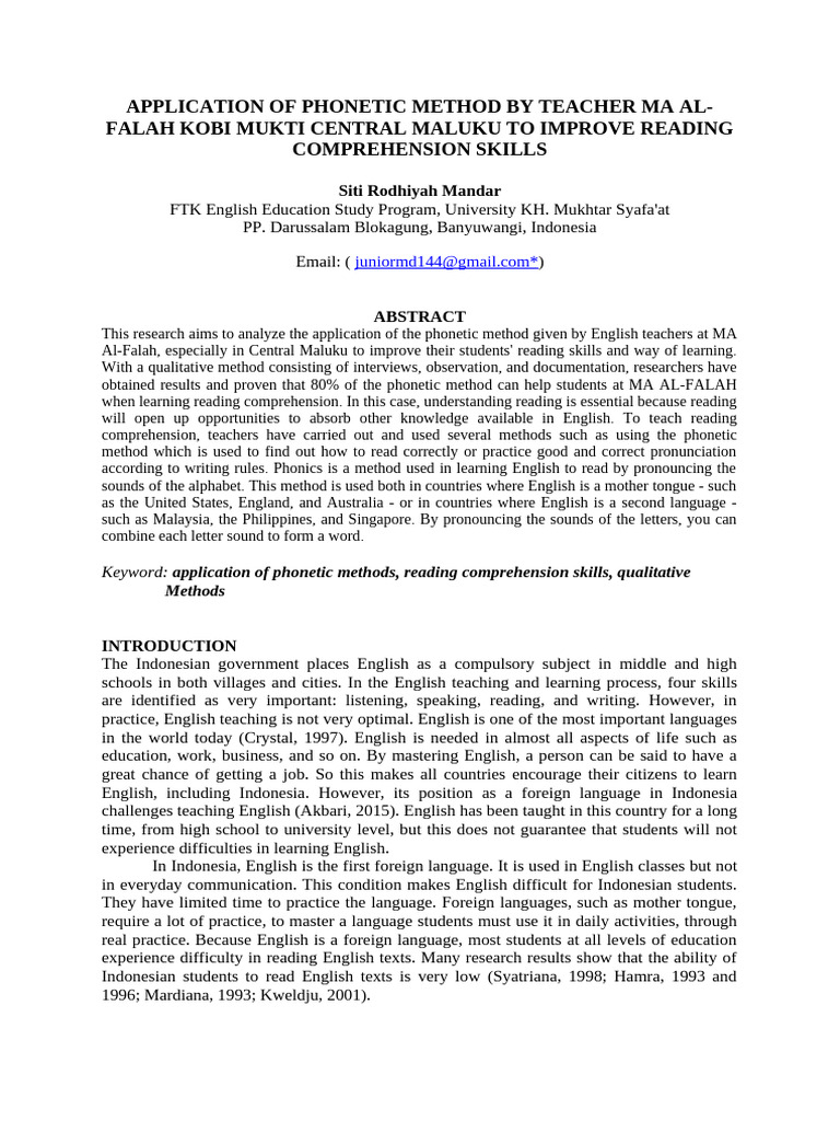 Application of Phonetic Method by Teacher Ma Al-Falah Kobi Mukti ...