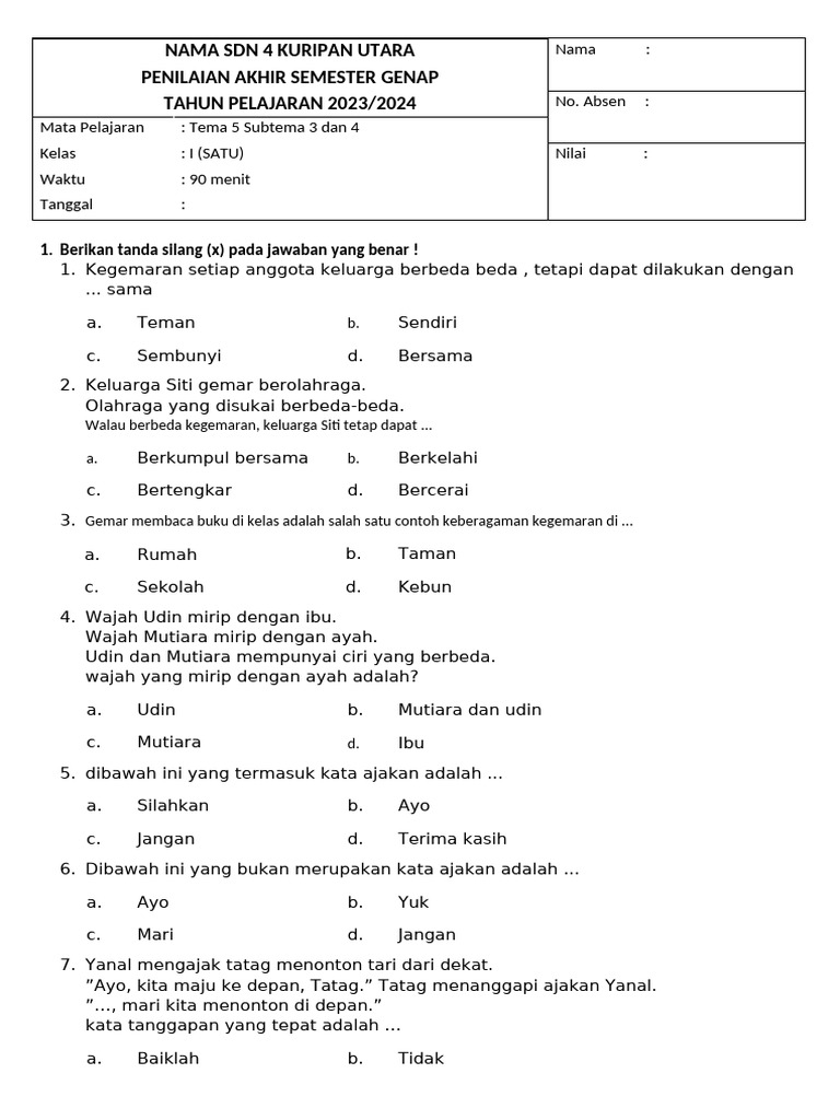 SOAL PTS KELAS 1 Tema 5 Subtema 3 Dan 4 | PDF