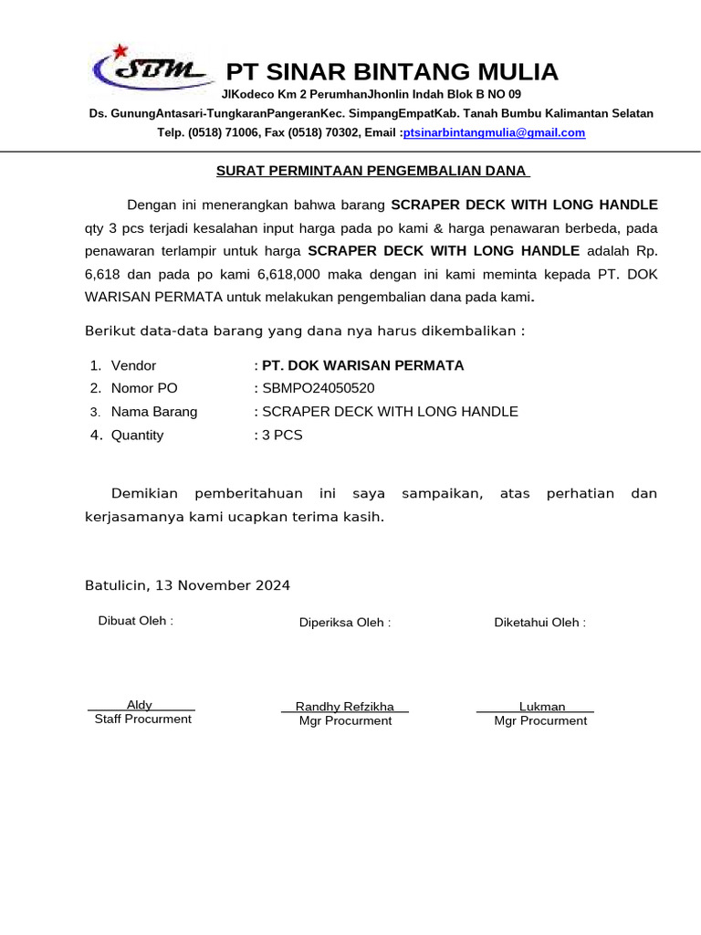Berita Acara Pengembalian Dana | PDF