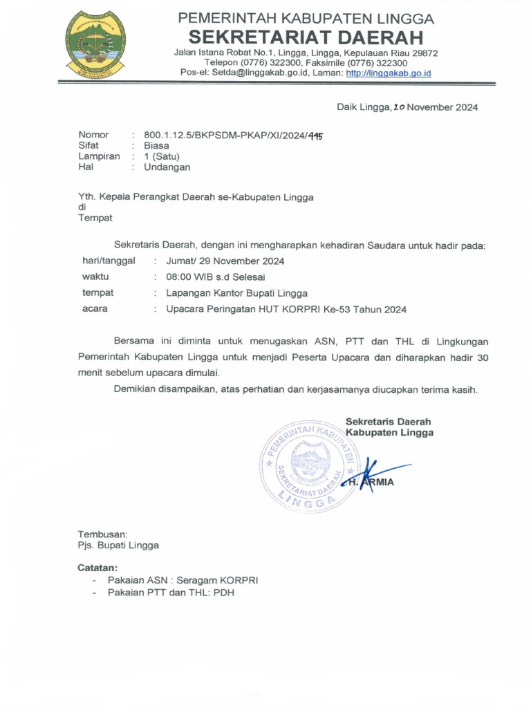 Undangan Upacara Peringatan Hut Korpri Ke - 53 Tahun 2024 | PDF