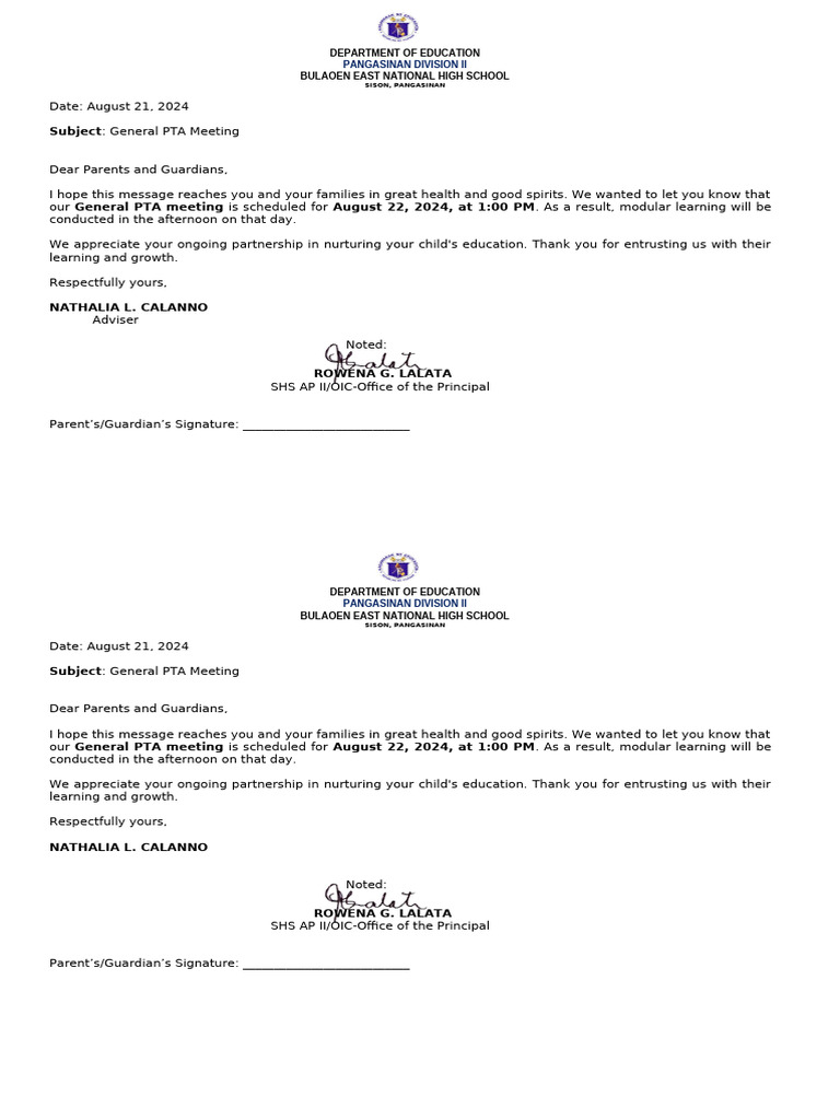 No Class Letter-Hakf Day | PDF