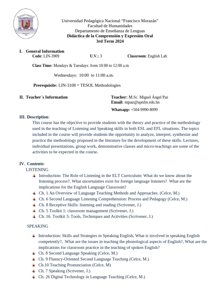 Listening & Speaking Didactics Syllabus 3rd Term 2024 | PDF | English As A Second Or Foreign ...