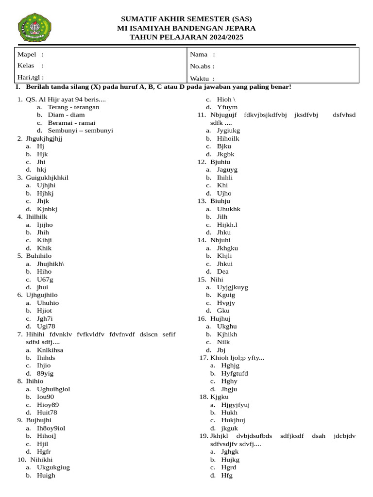 CONTOH FORMAT SOAL SAS 2024 | PDF