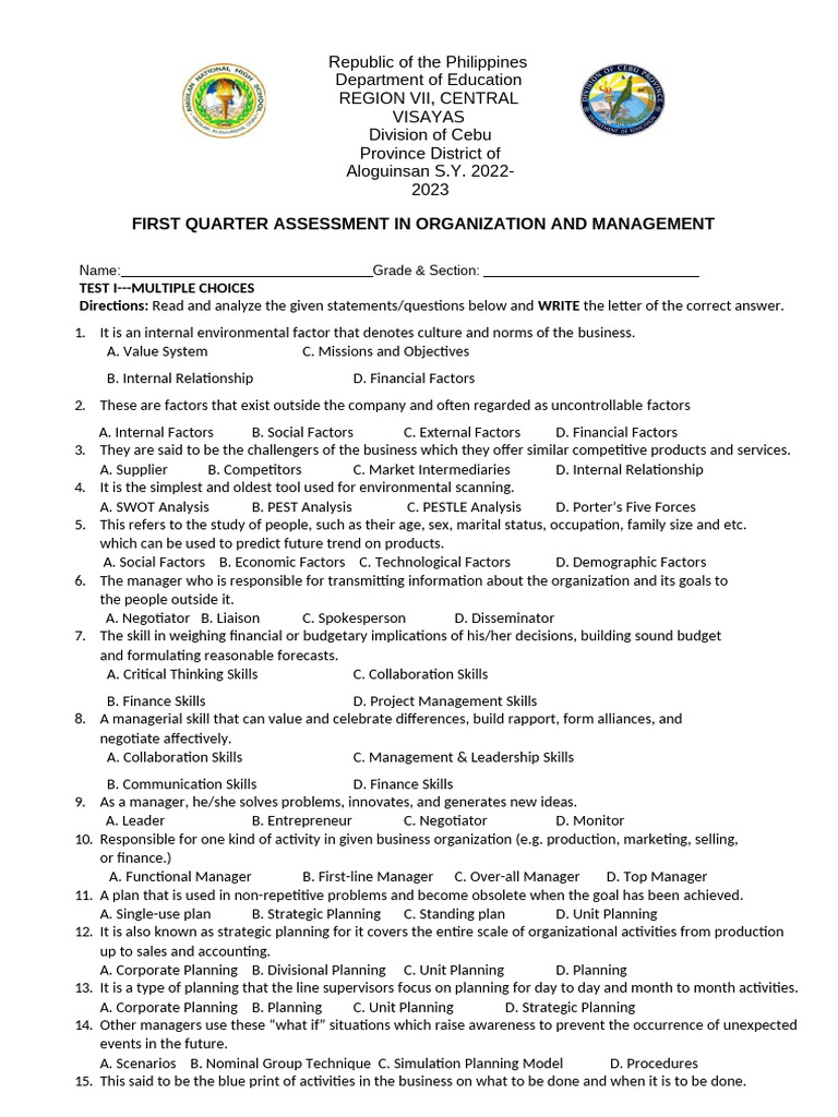 1ST Quarter in Organization Answer Key | PDF | Partnership | Strategic ...