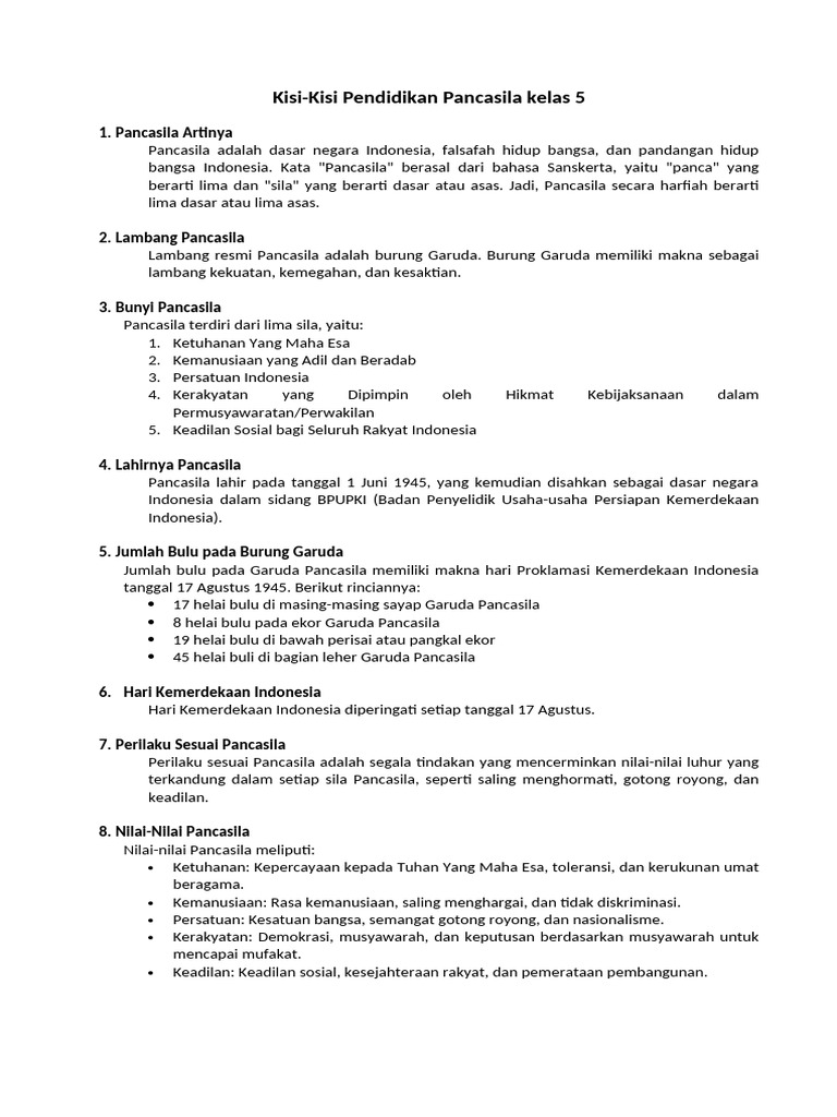 Kisi Kisi Pancasila Kelas 5 Lengkap Pdf
