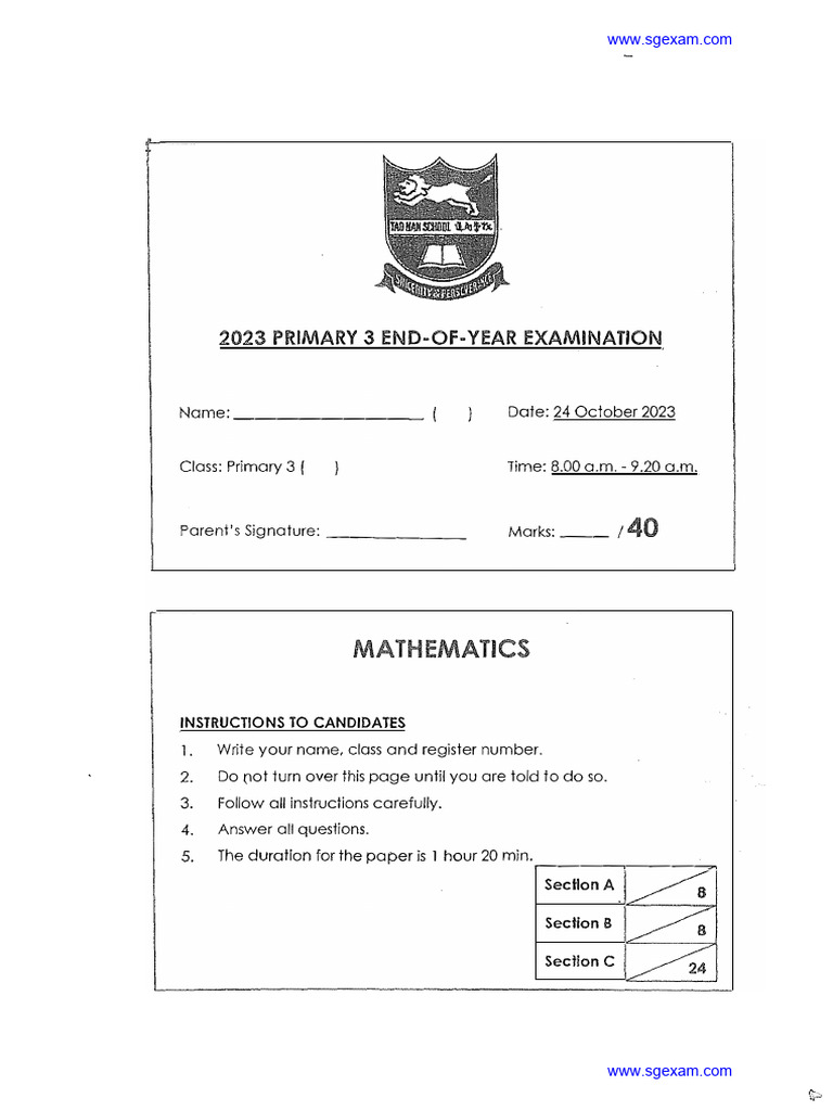 2023 P3 Maths End of Year Exam Tao Nan | PDF