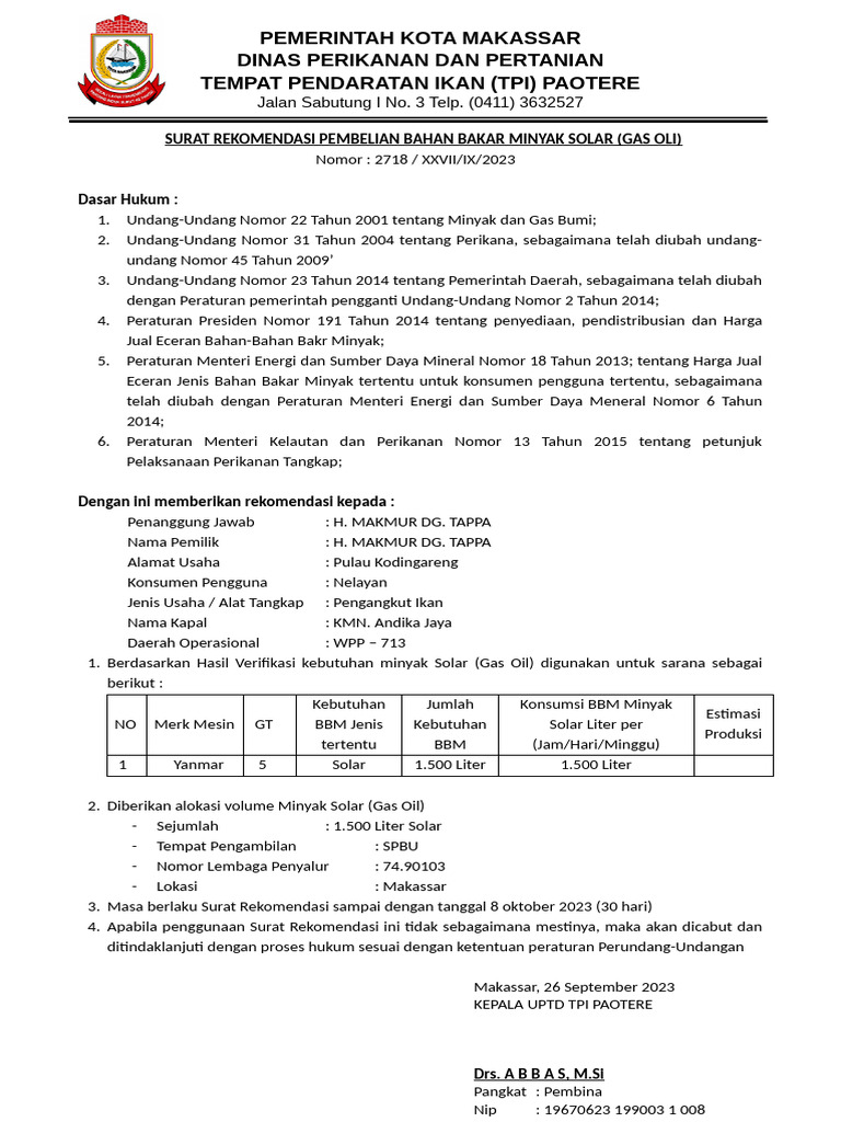 Surat Rekemondasi Pembelian Bahan Bakar Minyak Solar | PDF