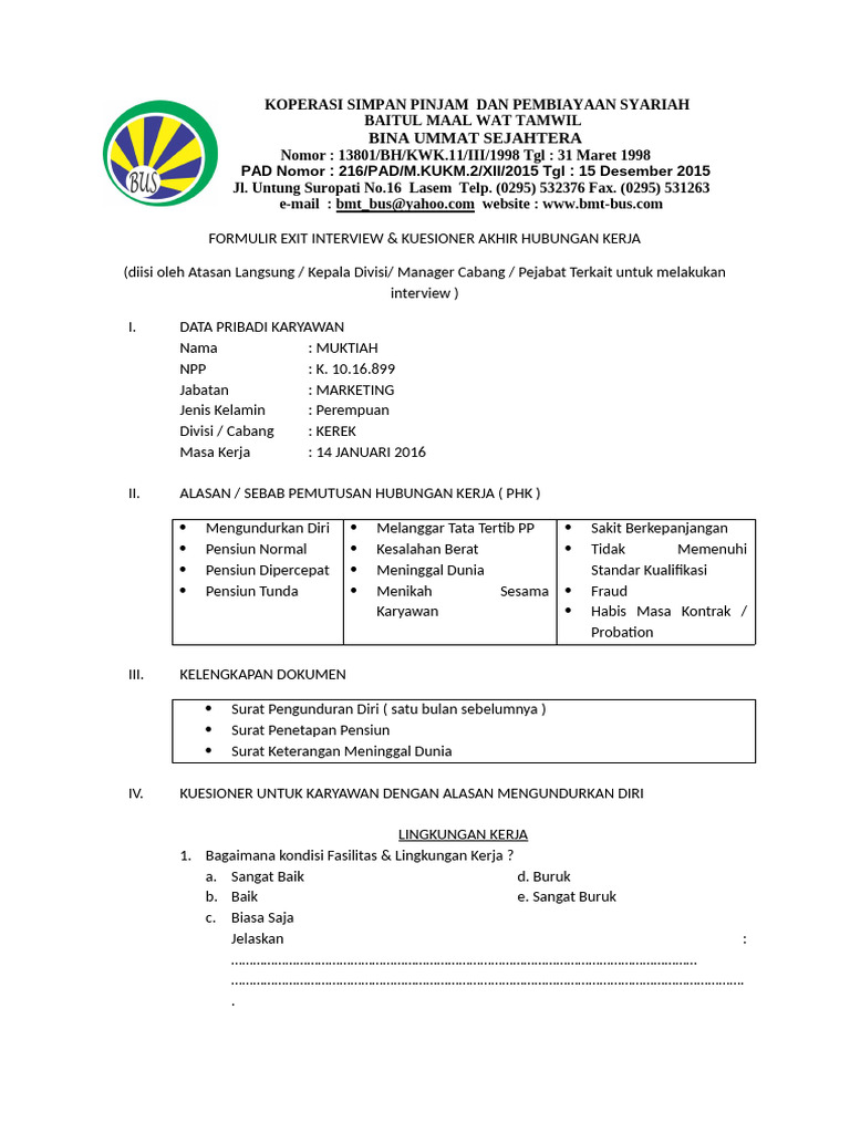 02. Formulir Exit Interview 1 Muktiah | PDF