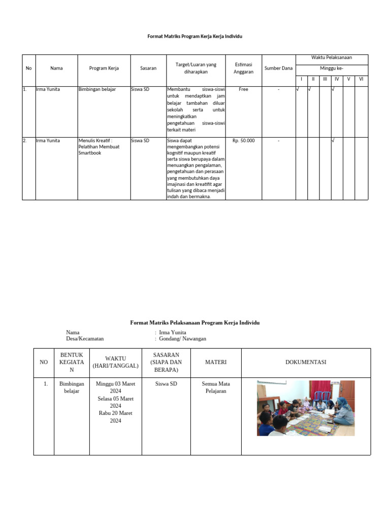 Format Matriks Program Kerja Individu - Irma Yunita - 122654 | PDF