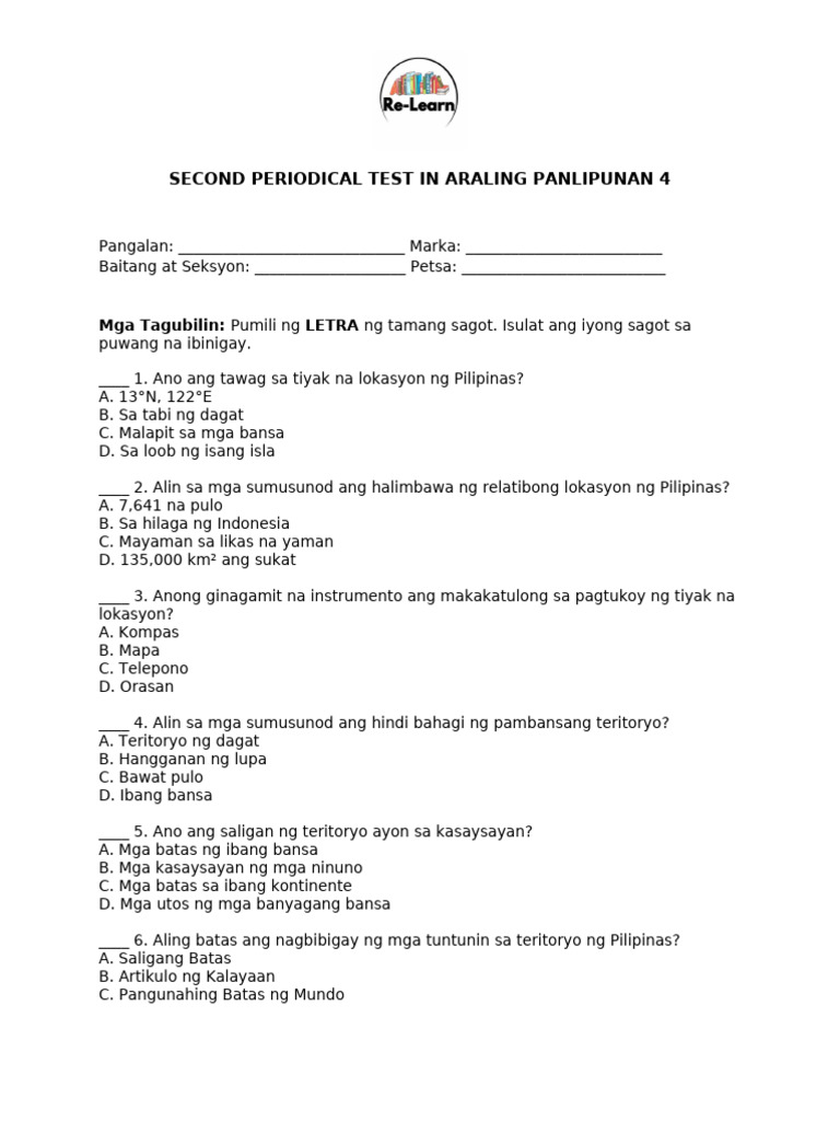SECOND PERIODICAL TEST IN ARALING PANLIPUNAN 4 | PDF SECOND PERIODICAL TEST IN ARALING PANLIPUNAN 4 | PDF