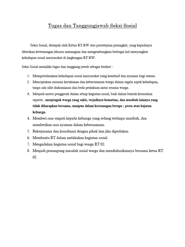 Tugas dan Tanggung Jawab Seksi Sosial | PDF