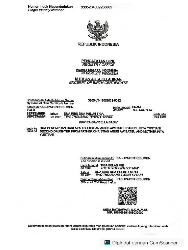 Akta Kelahiran Kimora G Sagiv | PDF