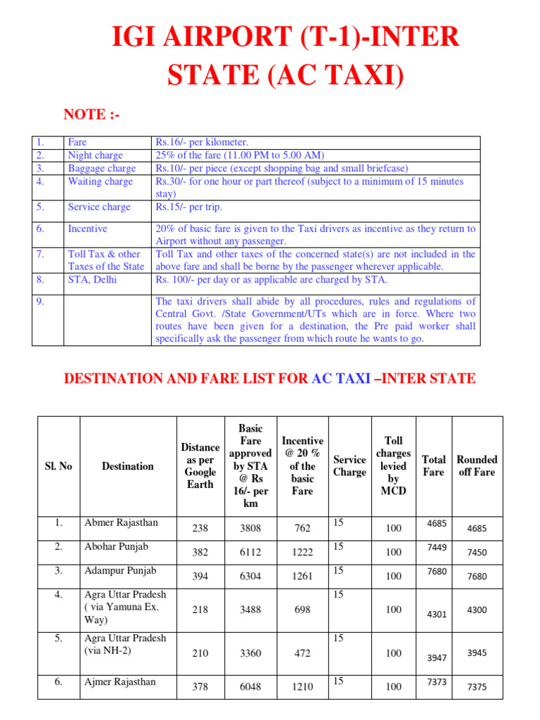 Igi Airport T 1 Interstate Ac Taxi New | PDF | Transport | Land Transport