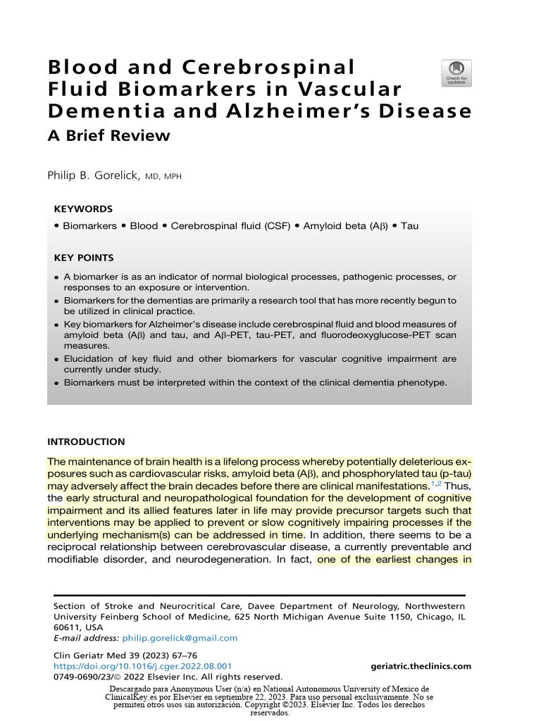 Blood and Cerebrospinal Fluid Biomarkers in Vascular Dementia and Alzheimer's Disease | PDF ...