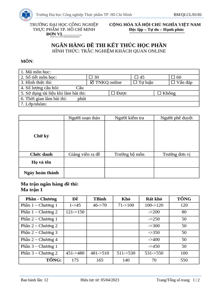 BM QLCL 01 01 Trang Bia de Thi - TNKQ - Online | PDF
