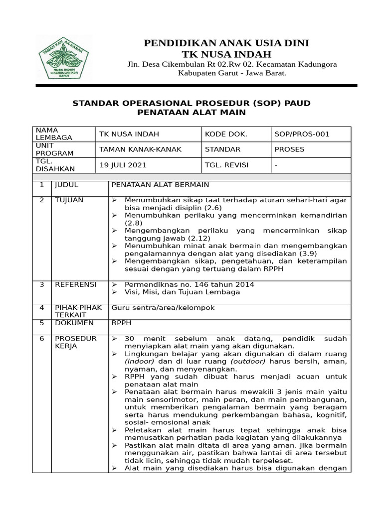 1 Sop Penataan Alat Main TK Nusa Indah | PDF