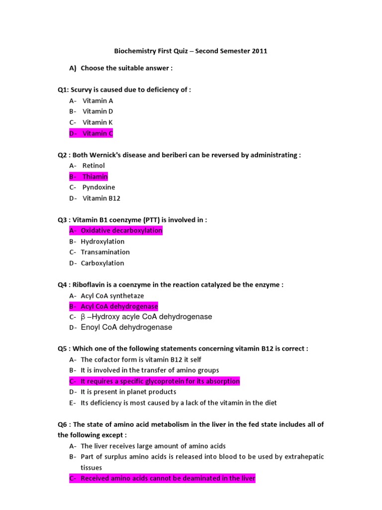 First Biochemistry Quiz | PDF | Vitamin | Glycogen