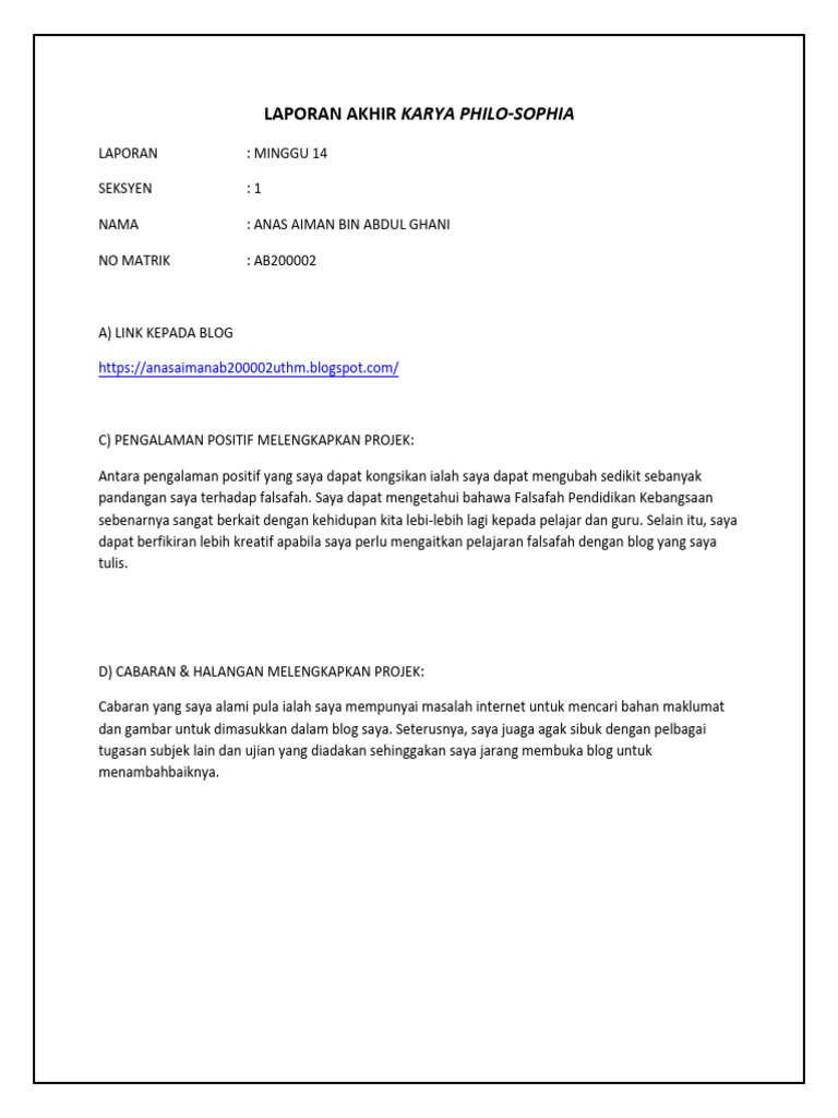 Final Report Week 14 FALSAFAH PENDIDIKAN | PDF