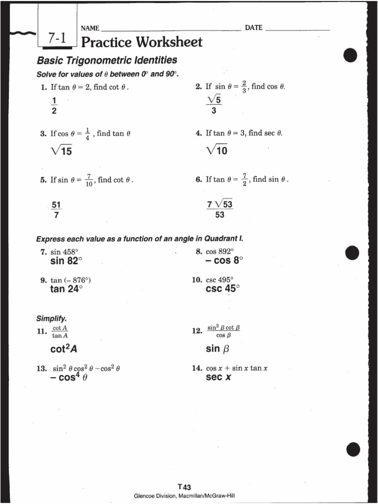 Trigonometry Practiceworksheets Key | PDF | Trigonometric Functions ...