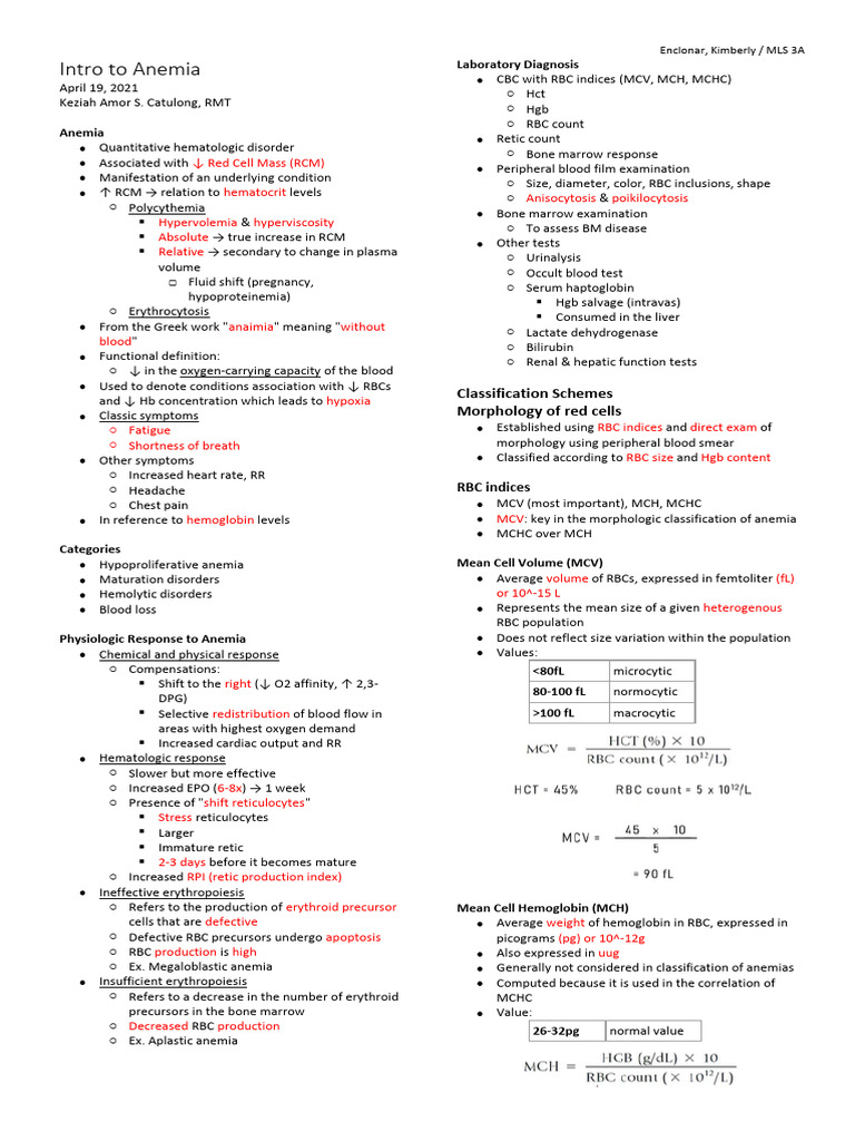 7 Intro To Anemia Pdf Anemia Red Blood Cell