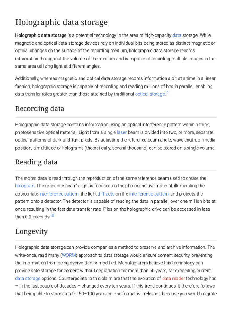 Holographic Data Storage - Wikipedia | PDF | Holography | Optics