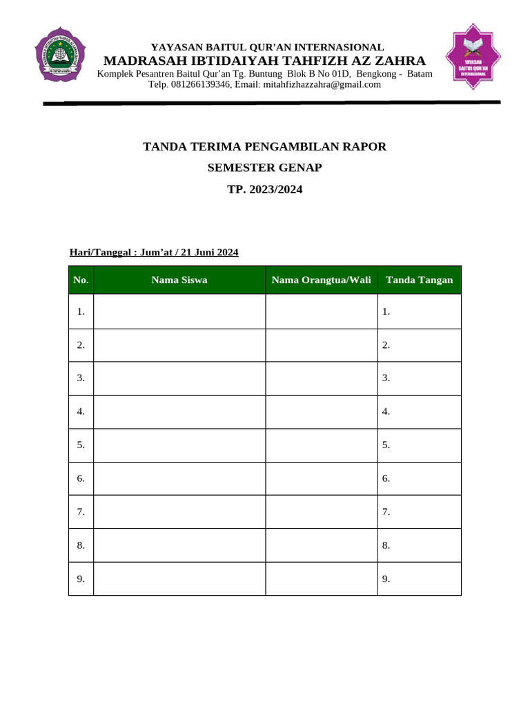 Tanda Terima Pengambilan Rapor | PDF