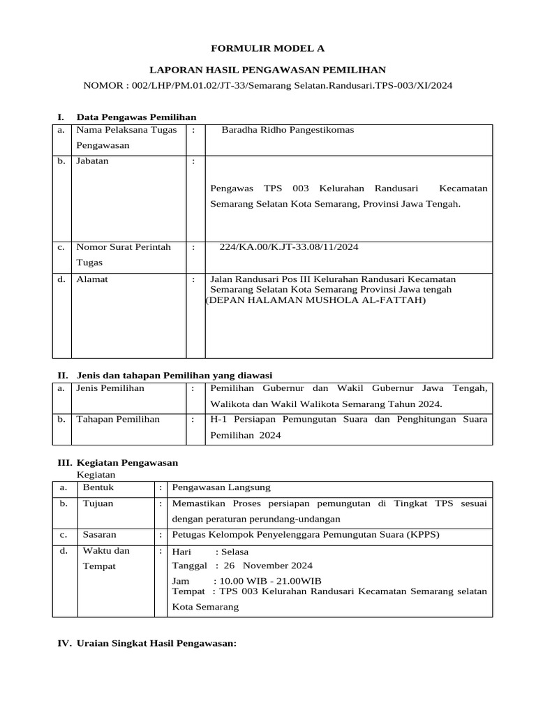 Form A Persiapan Pemungutan Suara H-1 | PDF