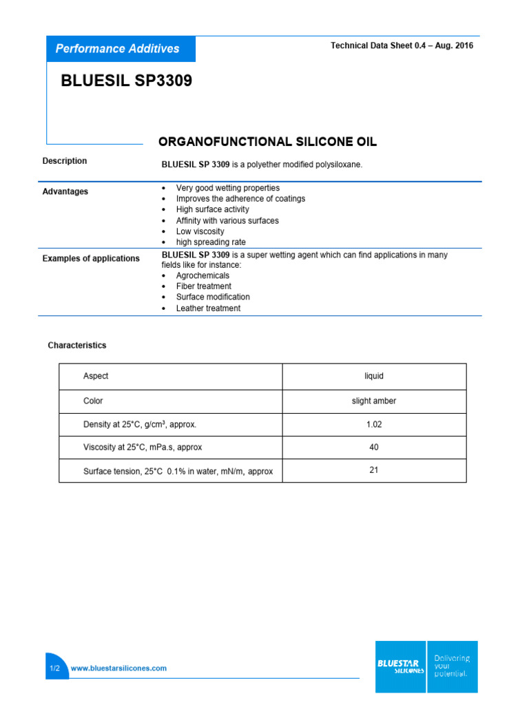 BLUESIL SP 3309 - TDS - Silicon RH | PDF | Silicone | Chemistry