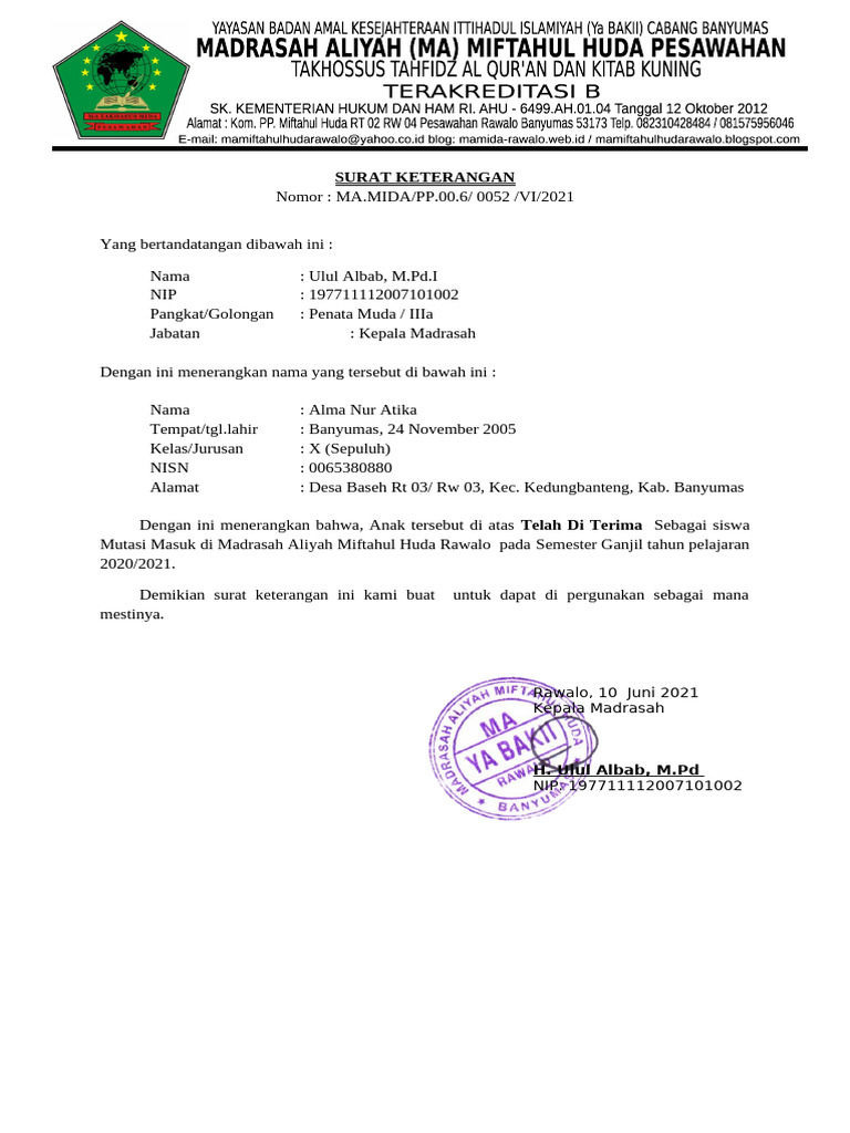 SURAT KETERANGAN diterima th 2021 | PDF