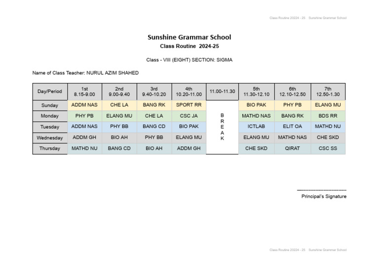 VIIIA Class Routine | PDF