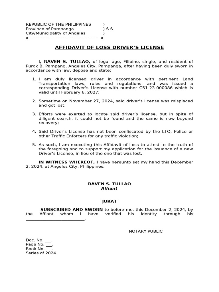 Affid - of Loss - ID | PDF