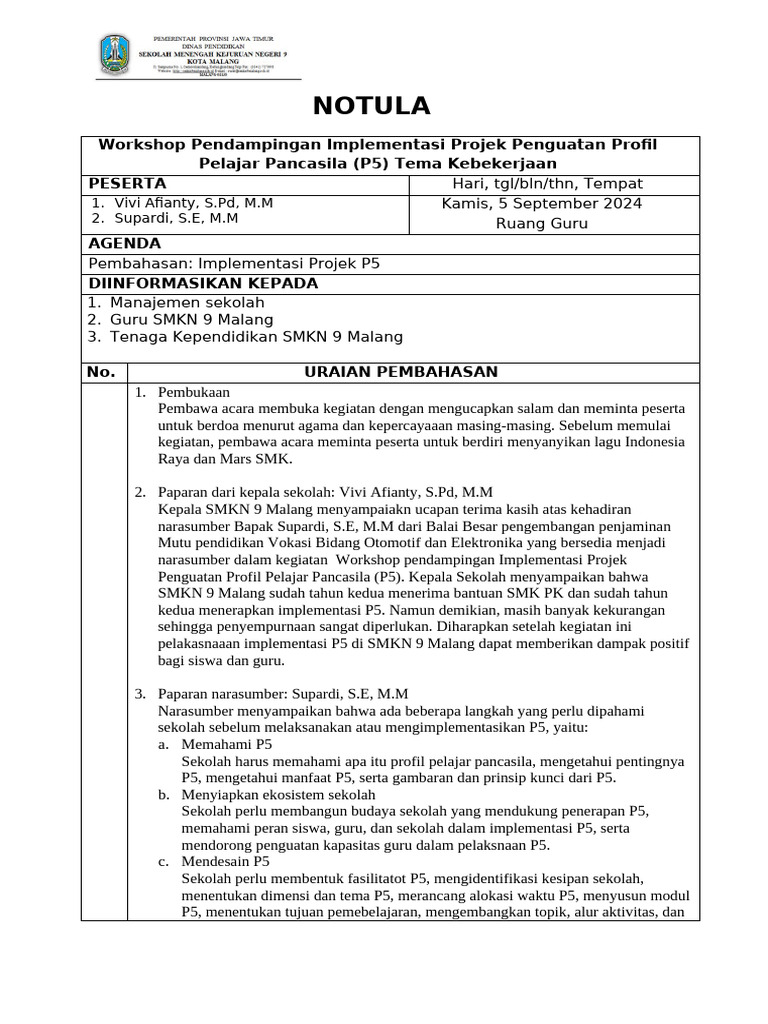 Notula Workshop P5 Kebekerjaan SMKN 9 | PDF