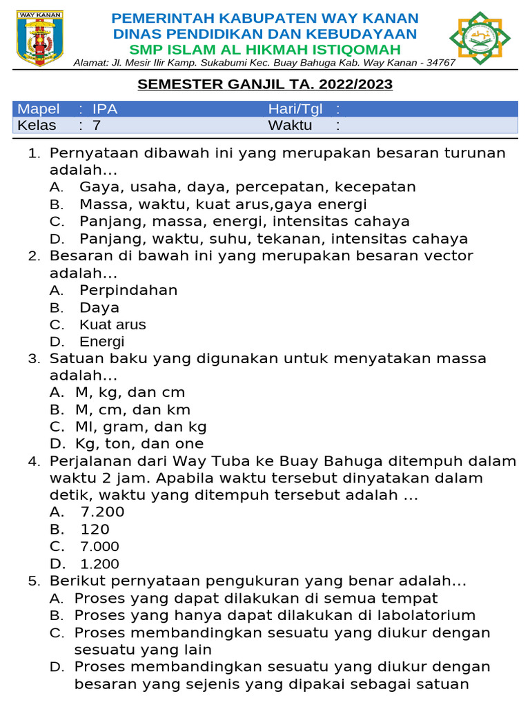 Format Soal Ipa 7 Ganjil 2022-2023 | PDF