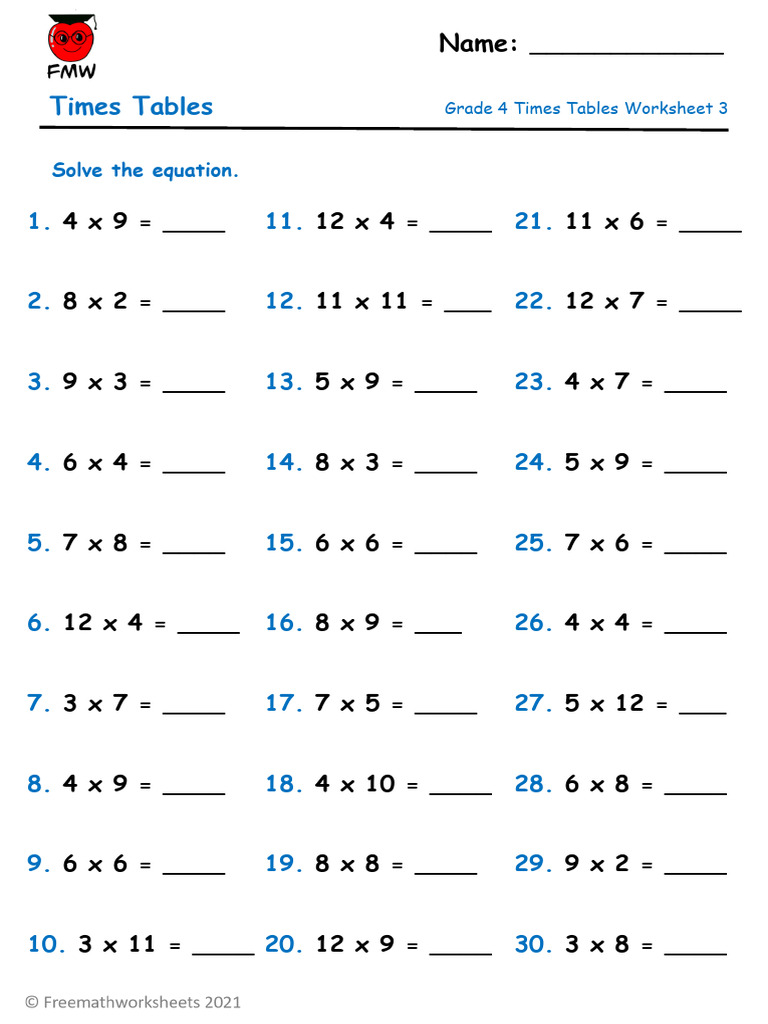 Grade 4 Times Tables Worksheet 3 | PDF