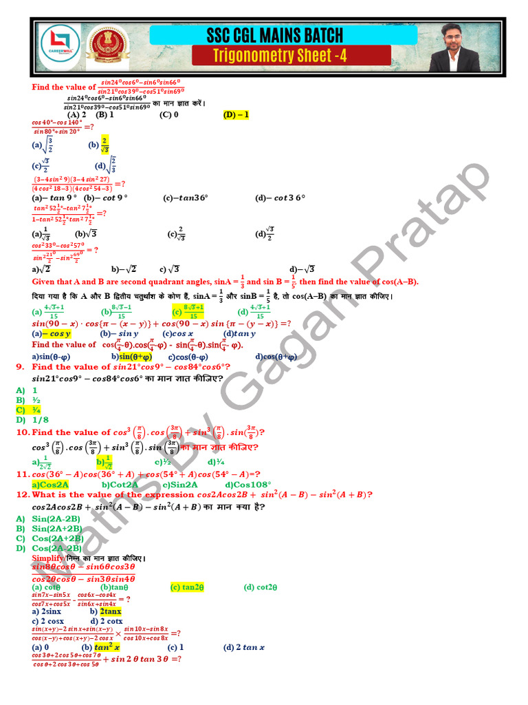 Trigonometry Sheet 4 | PDF | Angle | Mathematical Analysis