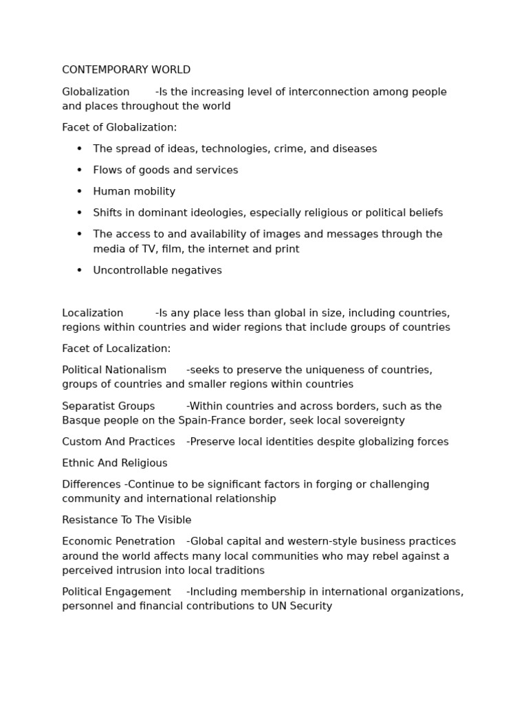 CONTEMPORARY WORLD Reviewer | PDF | Globalization | Sovereignty